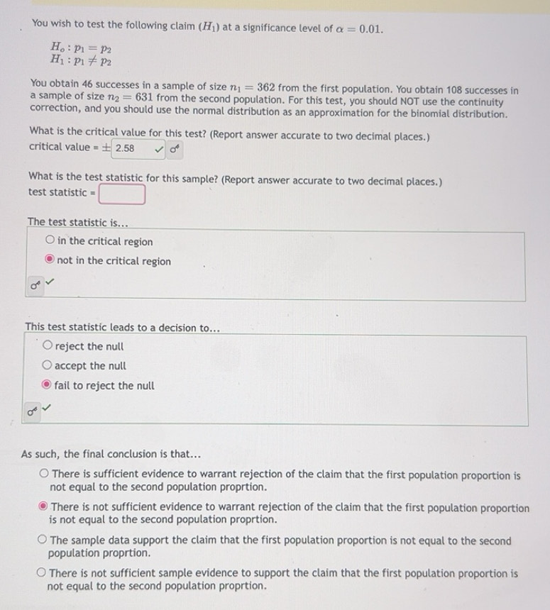 Solved: You wish to test the following claim (H_1) at a significance ...