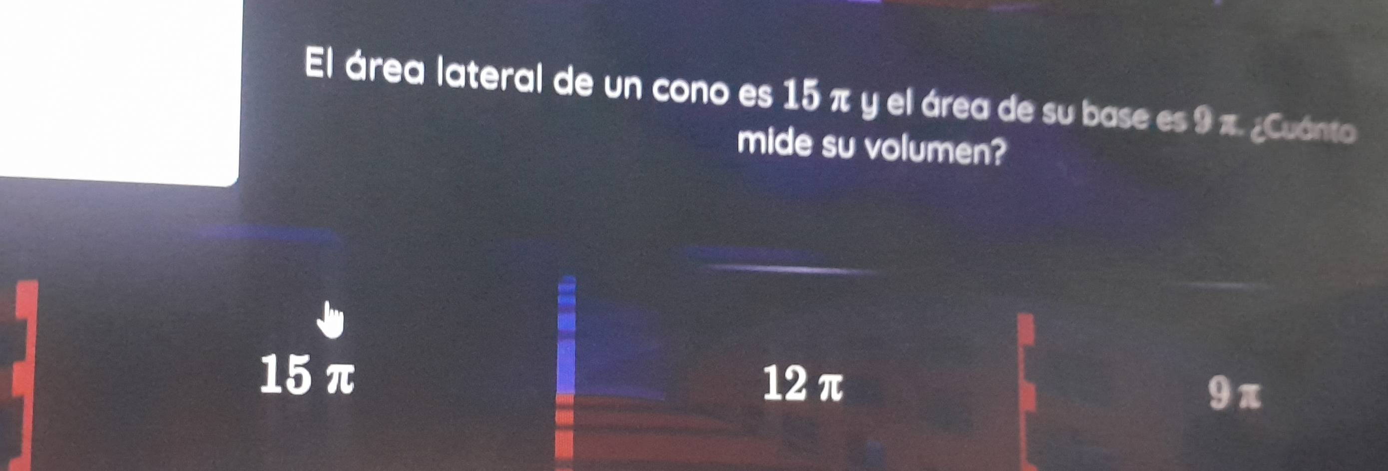 Resuelto:El área lateral de un cono es 15 π y el área de su base es 9 π ...
