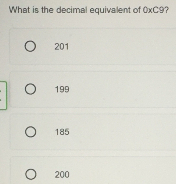 Solved: What is the decimal equivalent of 0* C9 ? 201 199 185 200 [Math]