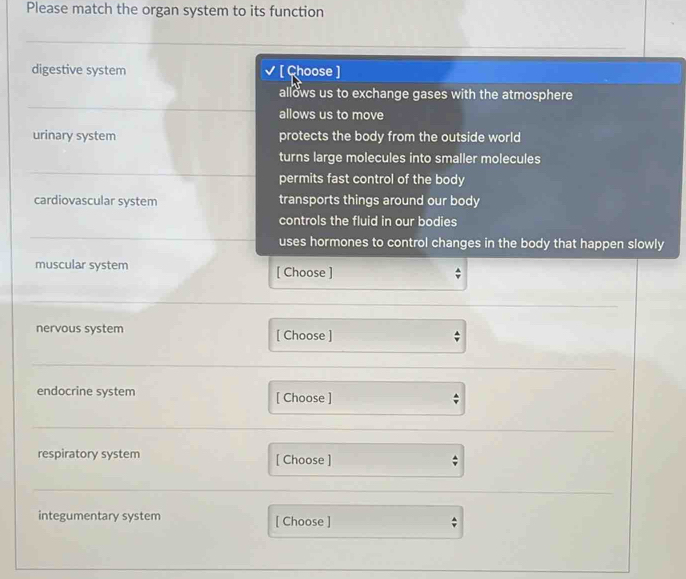 Solved: Please match the organ system to its function ly [Biology]