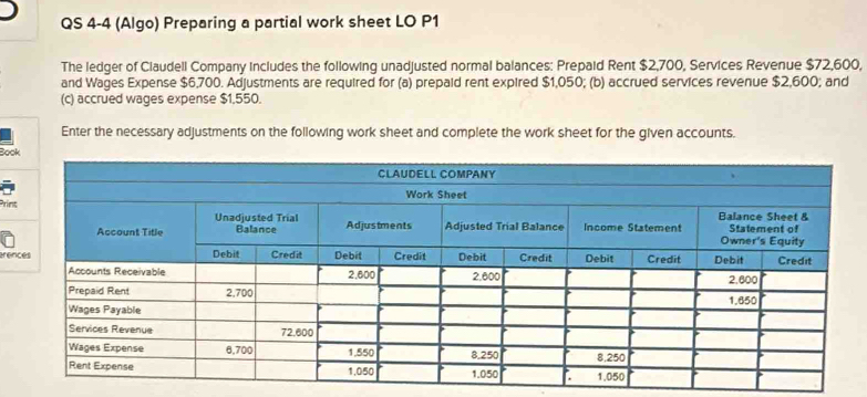 Solved: QS 4-4 (Algo) Preparing a partial work sheet LO P1 The ledger of Claudell Company ...