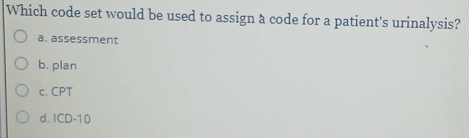 Solved: Which code set would be used to assign a code for a patient's ...