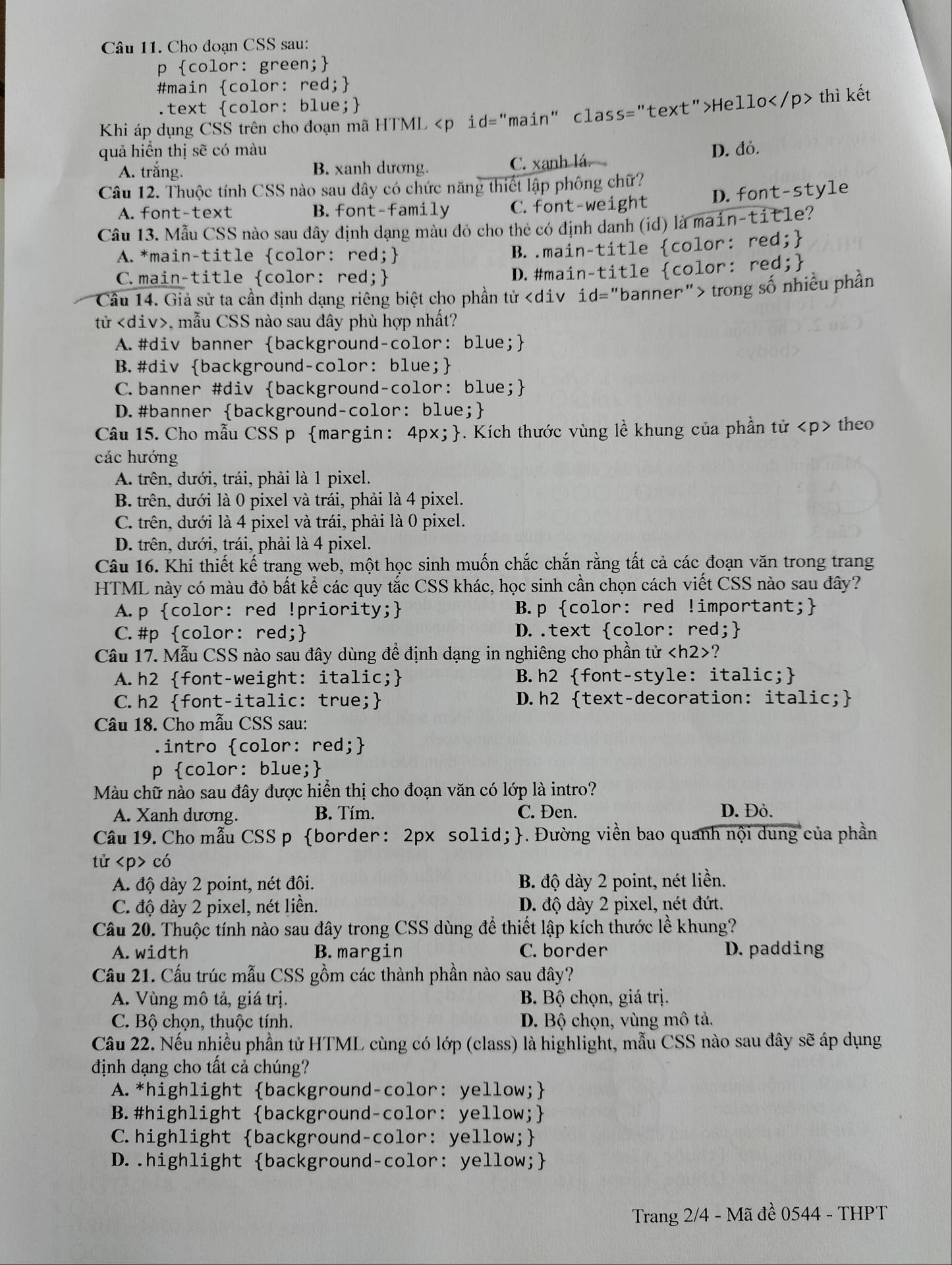 Giải quyết:Cho đoạn CSS sau: p color: green; #main color: red; .text ...