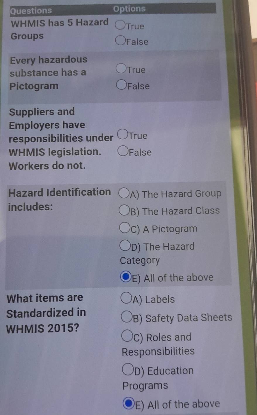 Solved: Questions Options WHMIS has 5 Hazard True Groups False Every ...