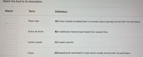 Solved: Match the food to its description. Match Term Definition Ropa ...