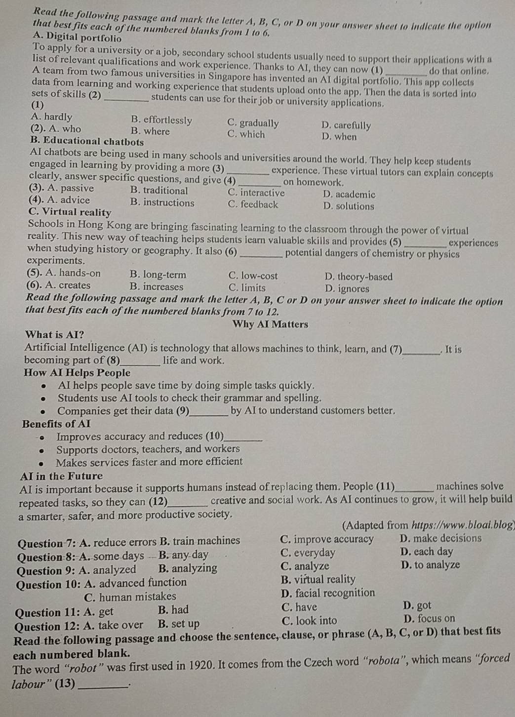 Giải quyết:Read the following passage and mark the letter A, B, C, or D ...