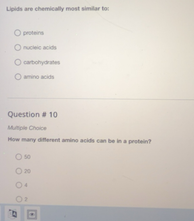 Solved: Lipids are chemically most similar to: proteins nucleic acids ...