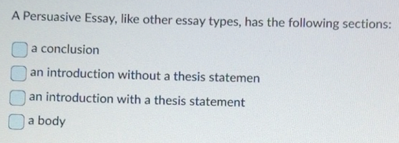 Solved: A Persuasive Essay, like other essay types, has the following ...