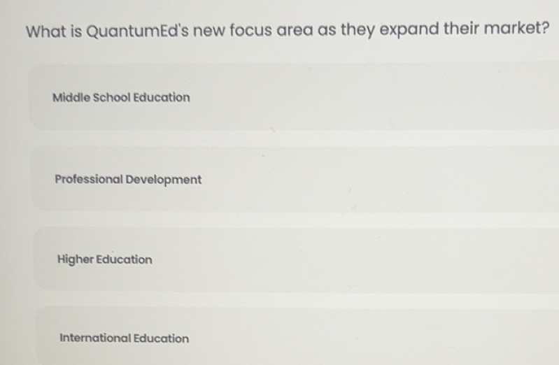 Solved: What is QuantumEd's new focus area as they expand their market? Middle School Education ...