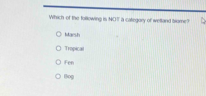 Solved: Which of the following is NOT a category of wetland biome? Marsh Tropical Fen Bog [Others]