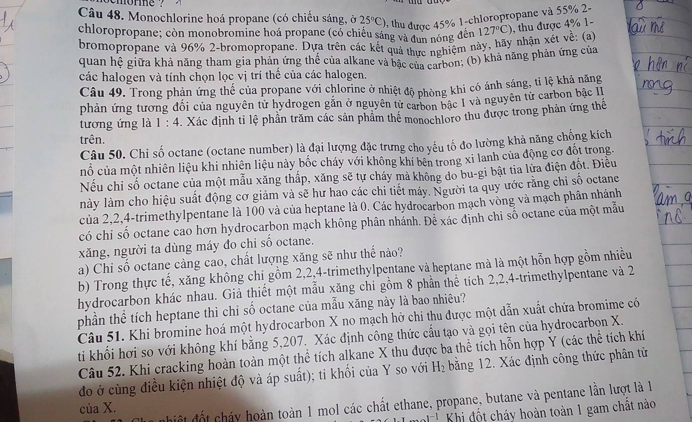 Giải quyết:ore ? Câu 48. Monochlorine hoá propane (có chiếu sáng, ở 25 ...