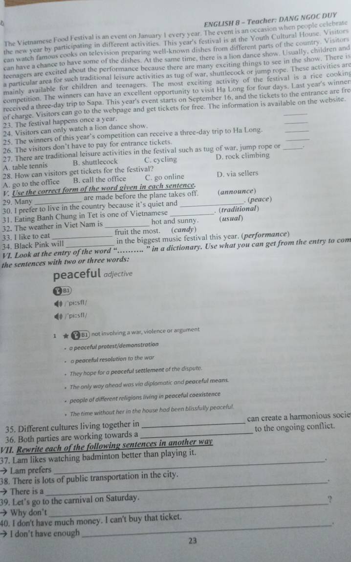 Giải quyết:ENGLISH 8 - Teacher: DANG NGOC DUY The Vietnamese Food ...