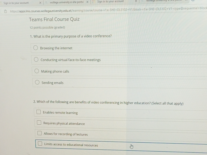 Solved: Sign in to your account × wollega university e-she portal X ...