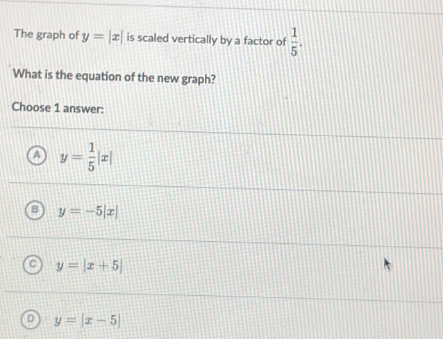 Solved: The graph of y=|x| is scaled vertically by a factor of 1/5 ...