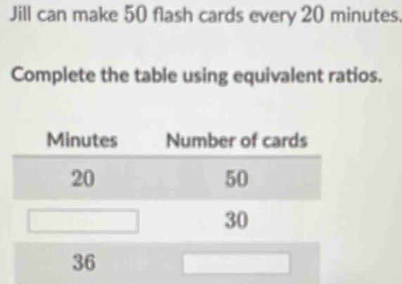Solved: Jill can make 50 flash cards every 20 minutes. Complete the ...