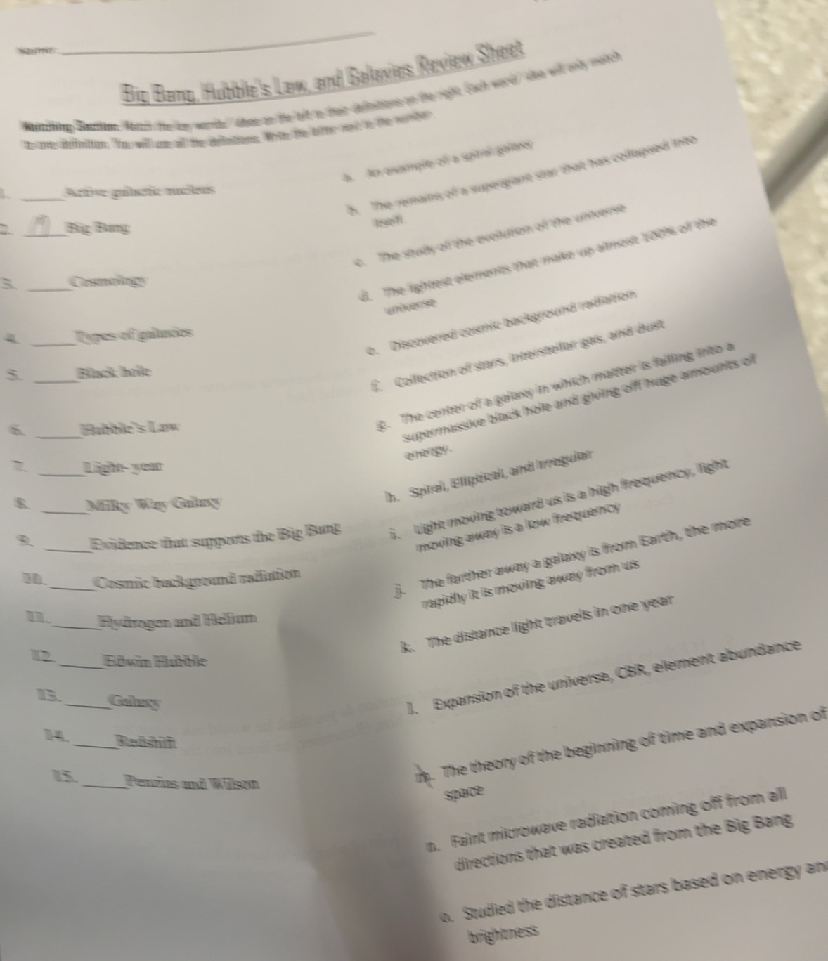 Solved: Nme _ Big Bang, Hubble's Law, and Galaxies Review Sheet ...