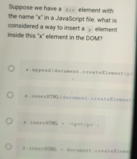 Solved: Suppose we have a di element with the name "x" in a JavaScript file. what is considered ...