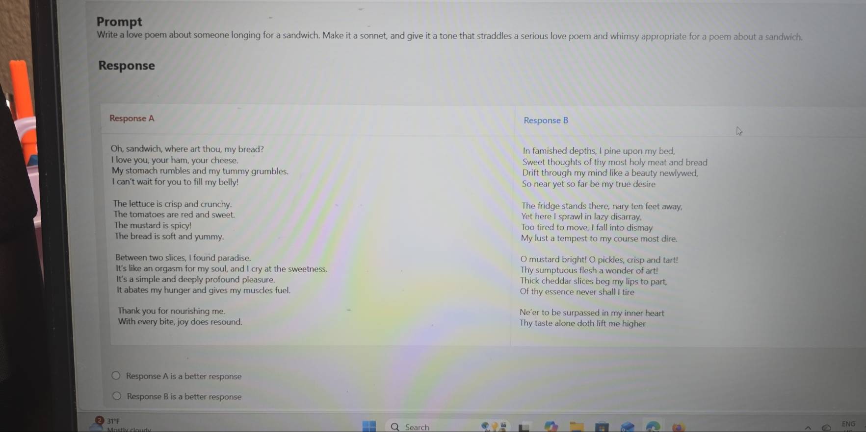 Solved: Prompt Write a love poem about someone longing for a sandwich ...