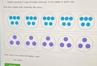 Solved: Gabby poured 5 cups of water and put 3 ice cubes in each cup ...