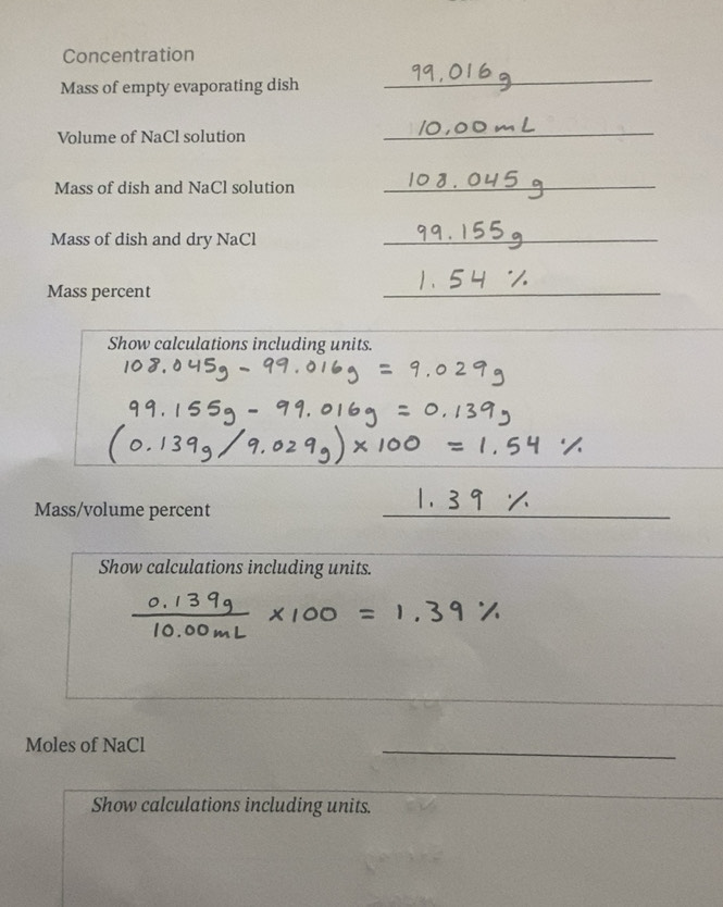 Solved: Concentration Mass of empty evaporating dish Volume of NaCl ...