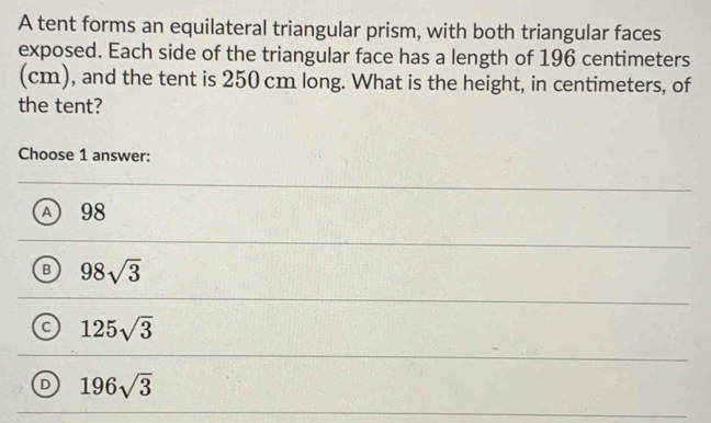 Solved: A tent forms an equilateral triangular prism, with both ...