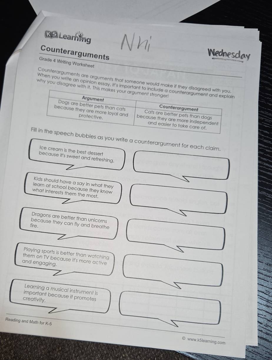 Solved: Learning Counterarguments Nedn sday Grade 4 Writing Worksheet ...