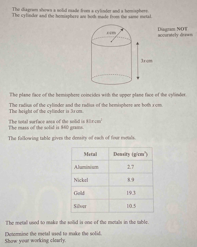 Solved: The diagram shows a solid made from a cylinder and a hemisphere. The cylinder and the ...