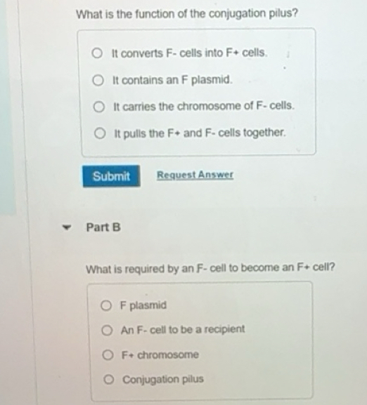 Solved: What is the function of the conjugation pilus? It converts F ...