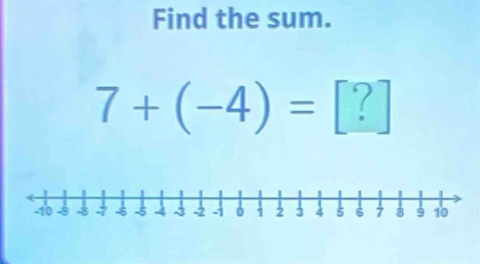 Solved: Find the sum. 7+(-4)= [?] [Math]