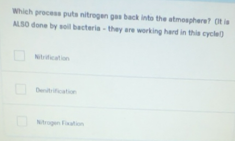 Gelöst:Which process puts nitrogen gas back into the atmosphere? (It is ...