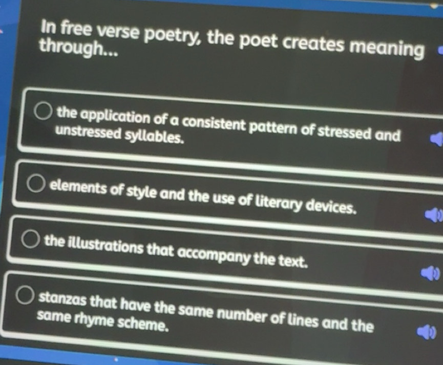 Solved: In free verse poetry, the poet creates meaning through... the ...
