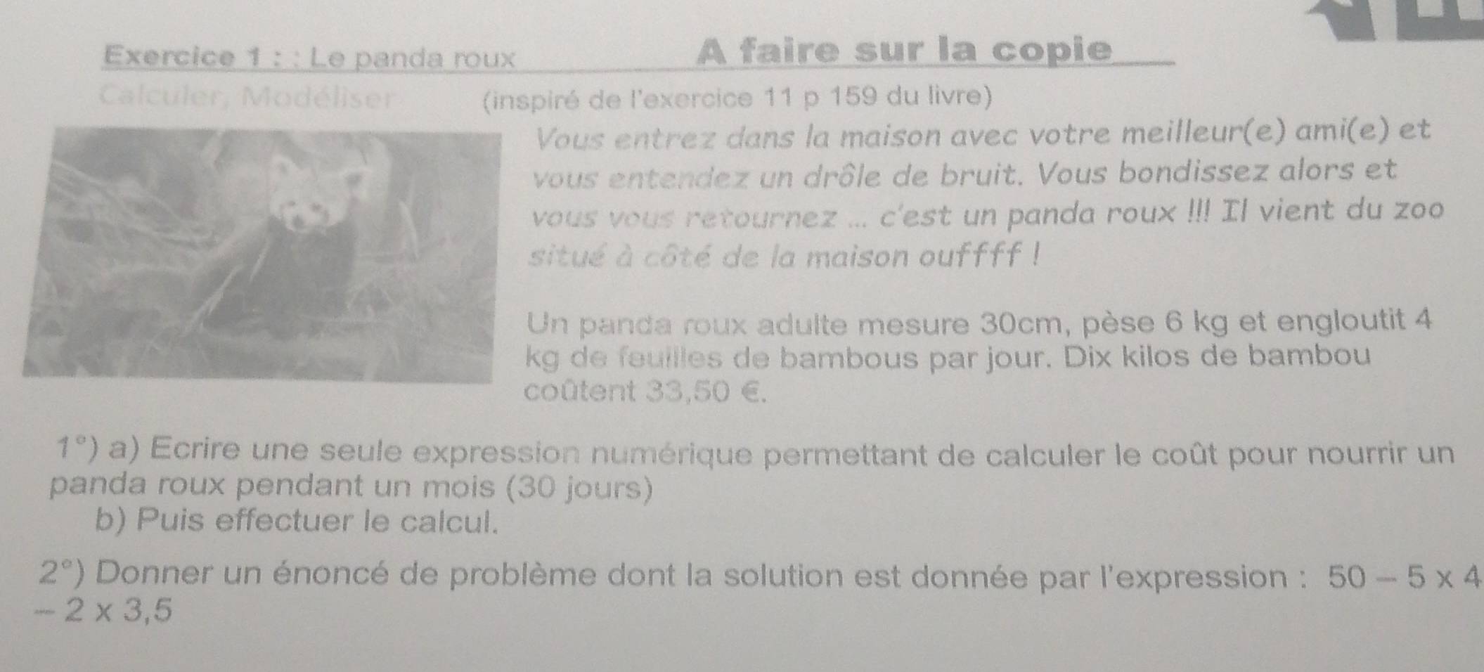 Résolu :Le panda roux A faire sur la copie Calculer, Modéliser (inspiré ...