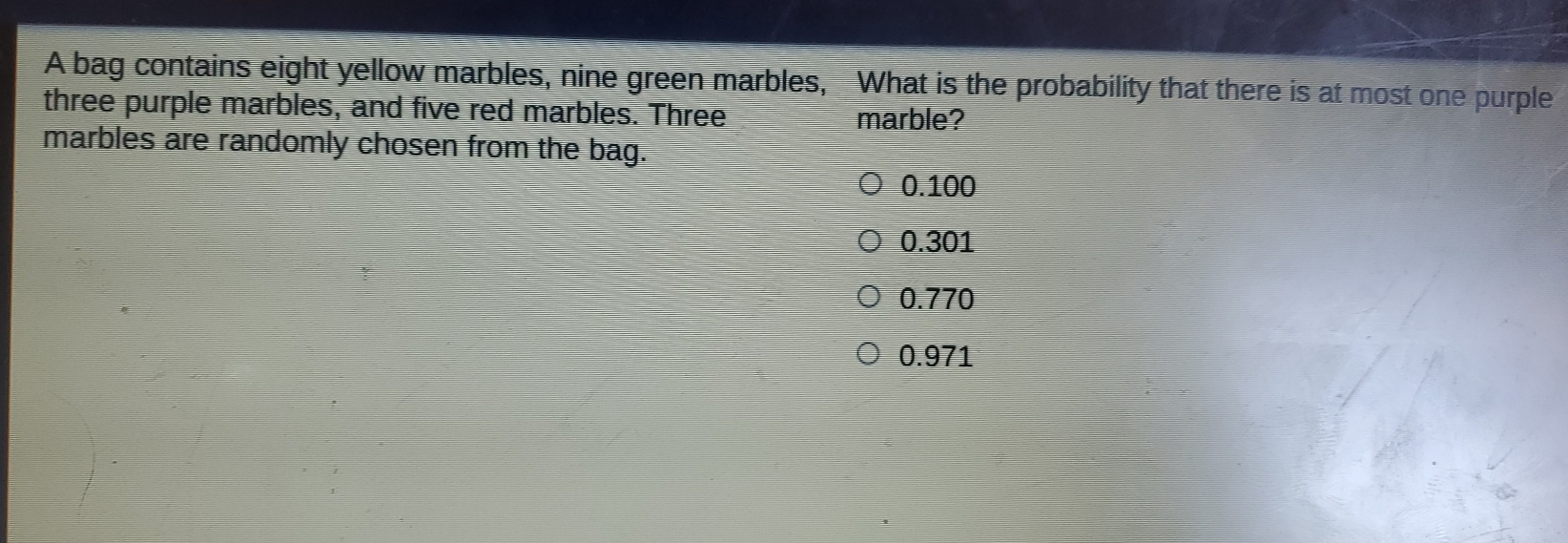 Solved: A bag contains eight yellow marbles, nine green marbles, What ...