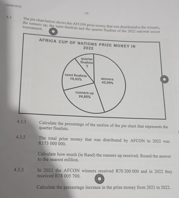 Solved: (10401034) -12- 4.3 The pie chart below shows the AFCON prize ...