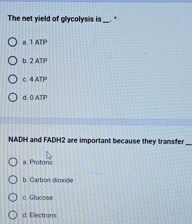 Solved: The net yield of glycolysis is_ .* a. 1 ATP b. 2 ATP c. 4 ATP d ...