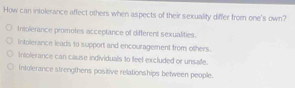 Solved: How can intolerance affect others when aspects of their ...