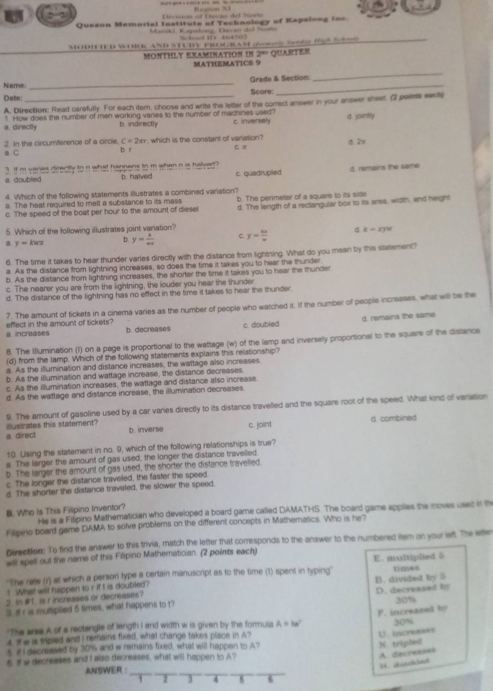 Solved: gon X Dreisión of Dasso del Sort Quezon Memorial Institute of ...