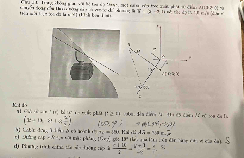 Giải quyết:Trong không gian với hệ tọa độ Oxyz, một cabin cáp treo xuất phát từ điểm A(10;3;0) và ch