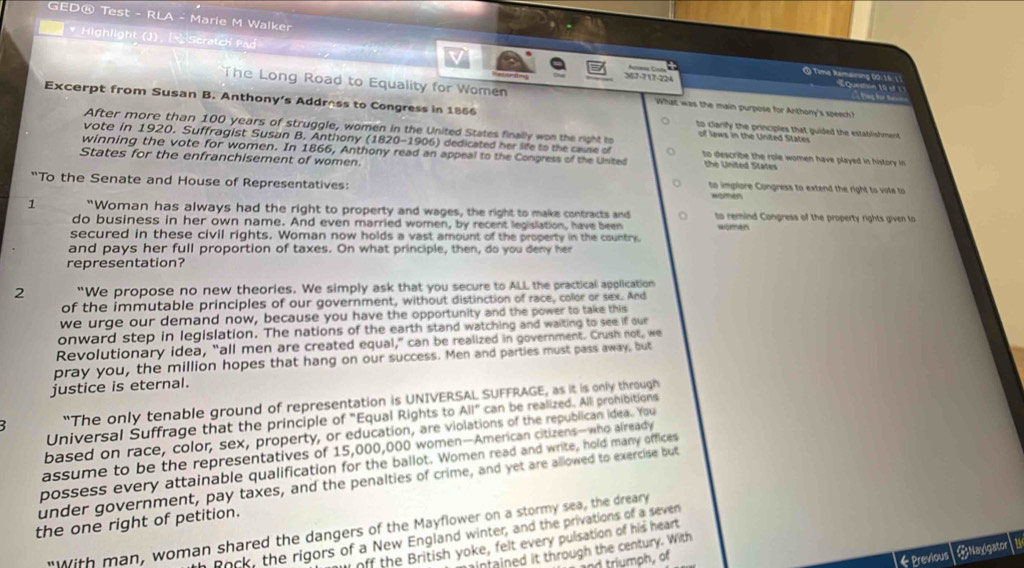 Solved: GED® Test - RLA - Marie M Walker * * Highlight (J), [ Scratch ...