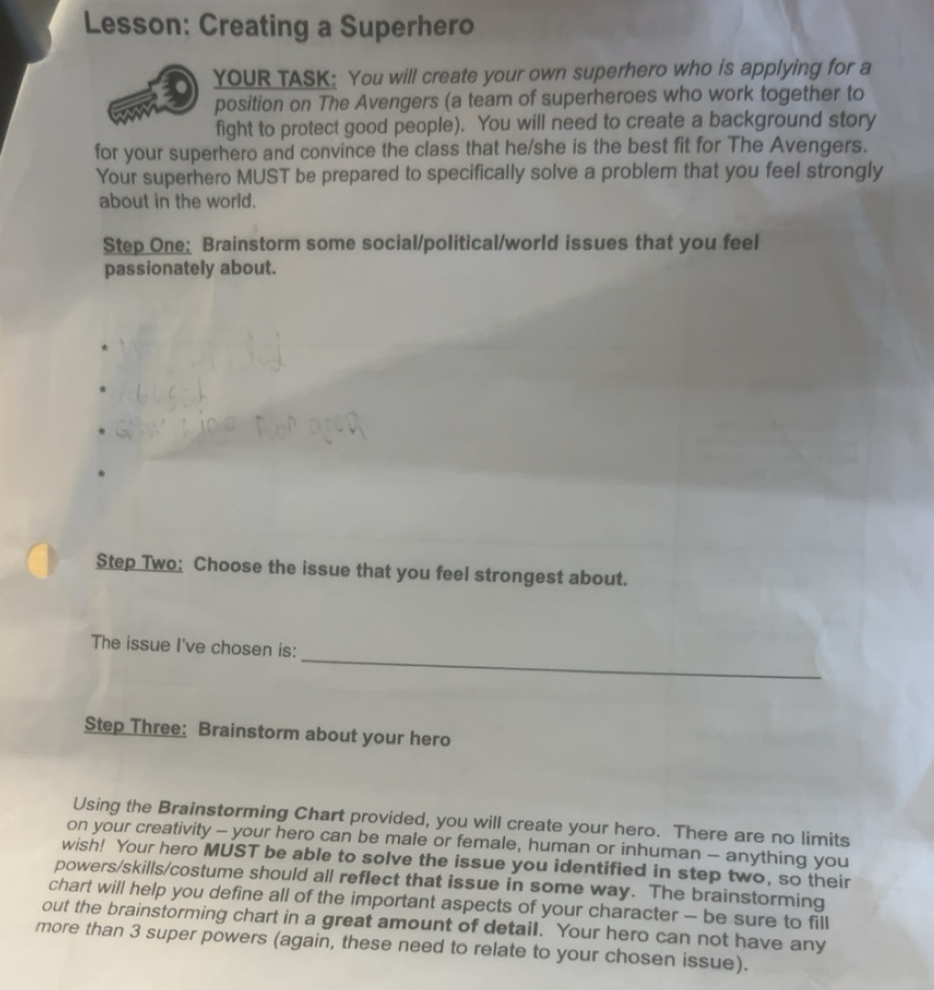Solved: Lesson: Creating a Superhero YOUR TASK: You will create your ...
