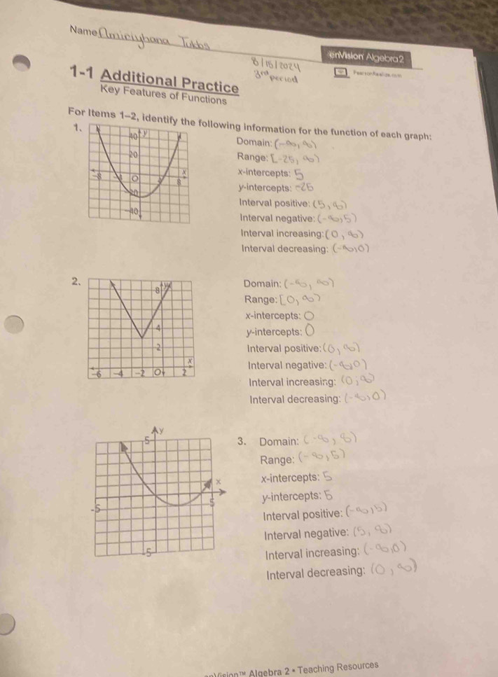 Solved: Name enVision Algebra 2 1-1 Additional Practice Key Features of ...