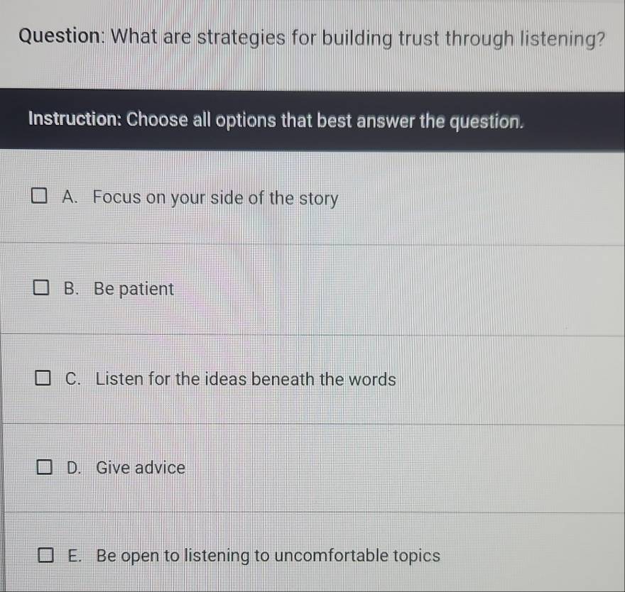 Solved: What are strategies for building trust through listening ...