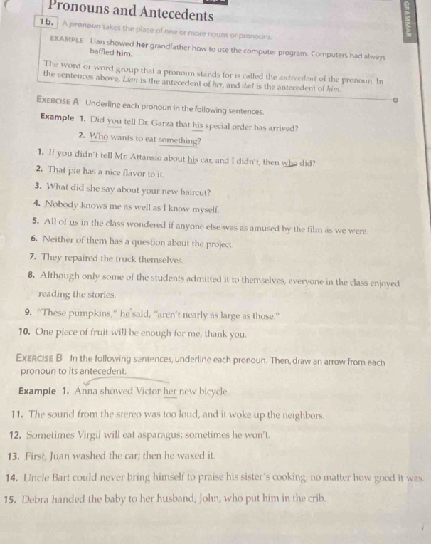 Solved: Pronouns and Antecedents 1b. A pronoun takes the place of one ...