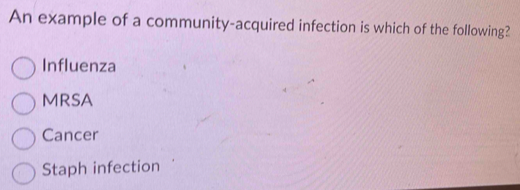 Solved: An example of a community-acquired infection is which of the ...