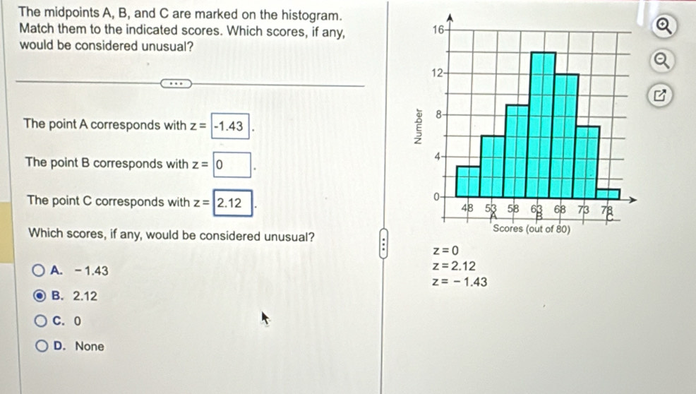 Solved: The midpoints A, B, and C are marked on the histogram. Match ...