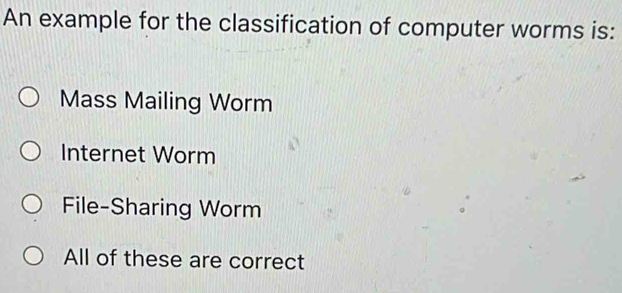 Solved: An example for the classification of computer worms is: Mass ...