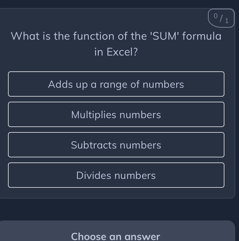 Solved: ols What is the function of the 'SUM' formula in Excel? Adds up ...