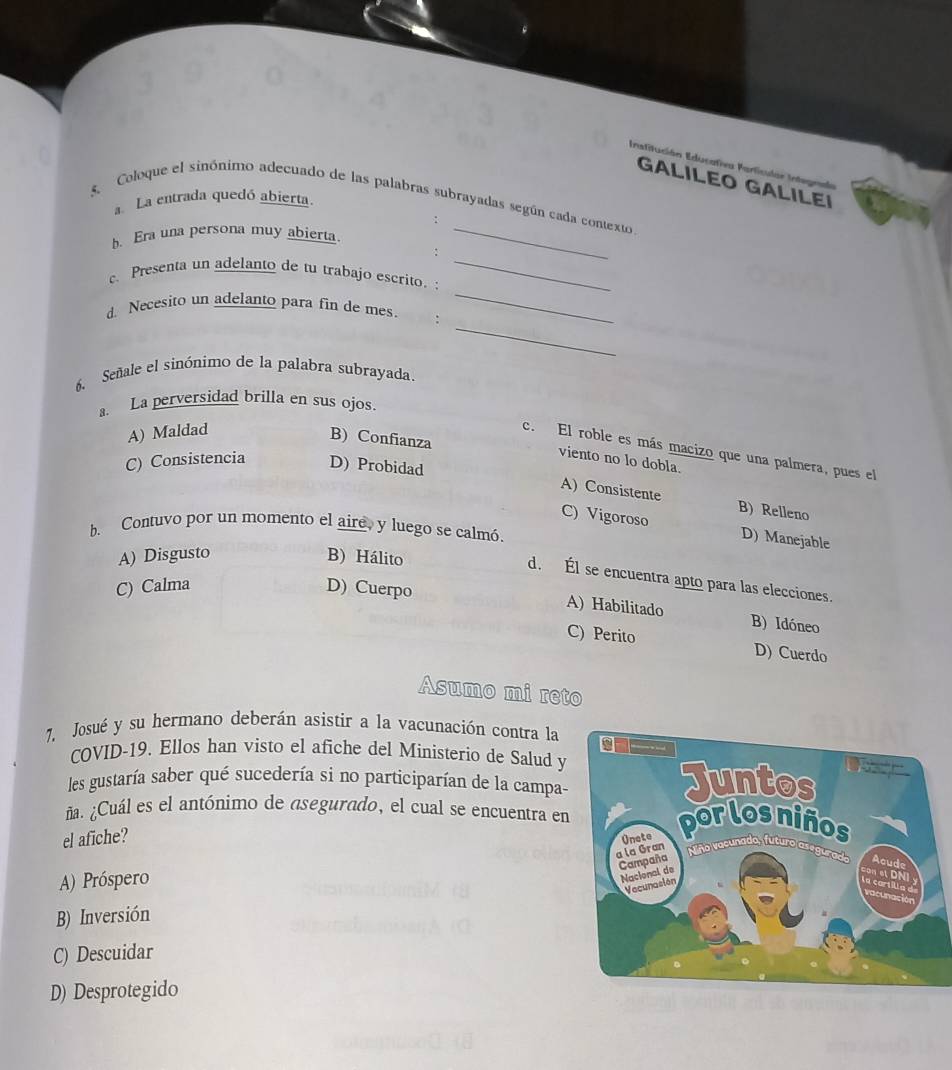 Resuelto:Insfitución Educativa Fartícular Integna GALILEO GALILEI 5 ...