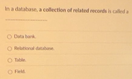 Solved: In a database, a collection of related records is called a ...
