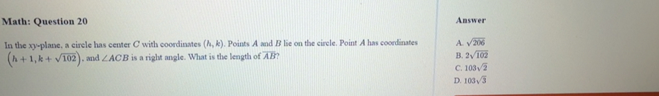 Solved: Math: Question 20 Answer In the xy -plane, a circle has center ...